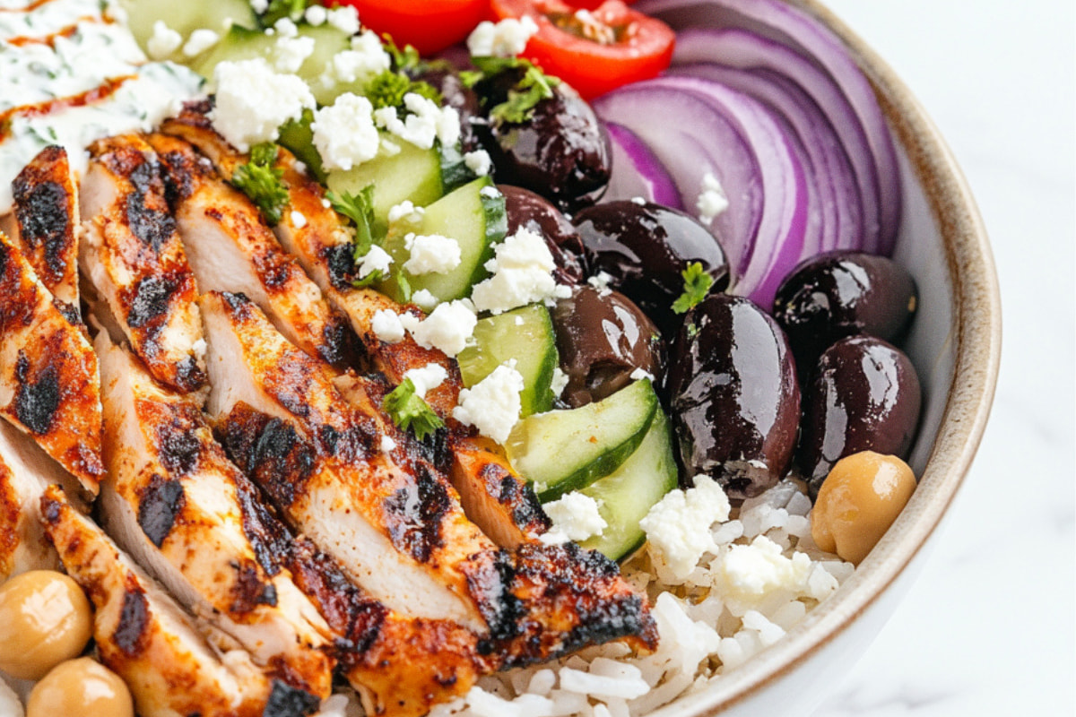 Tasty Greek Chicken & Chickpea Protein Bowl (w/ Homemade Tzatziki Sauce)