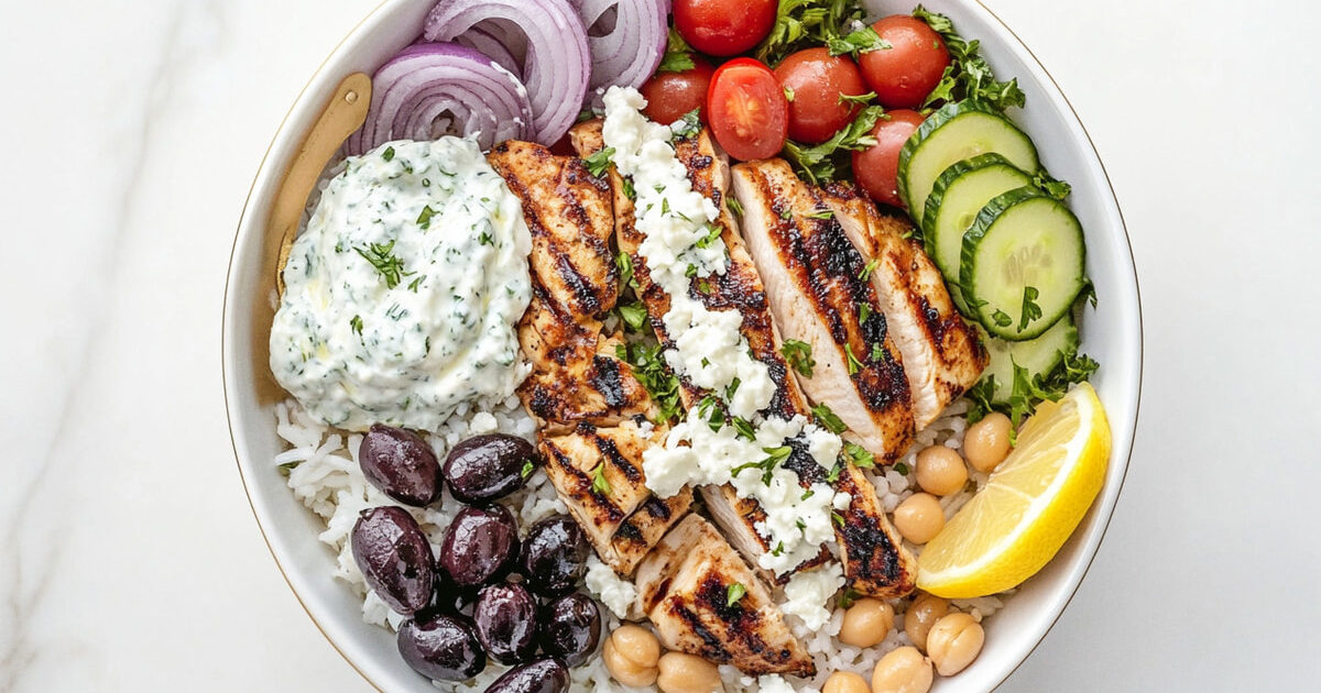 Tasty Greek Chicken & Chickpea Protein Bowl (w/ Homemade Tzatziki Sauce)